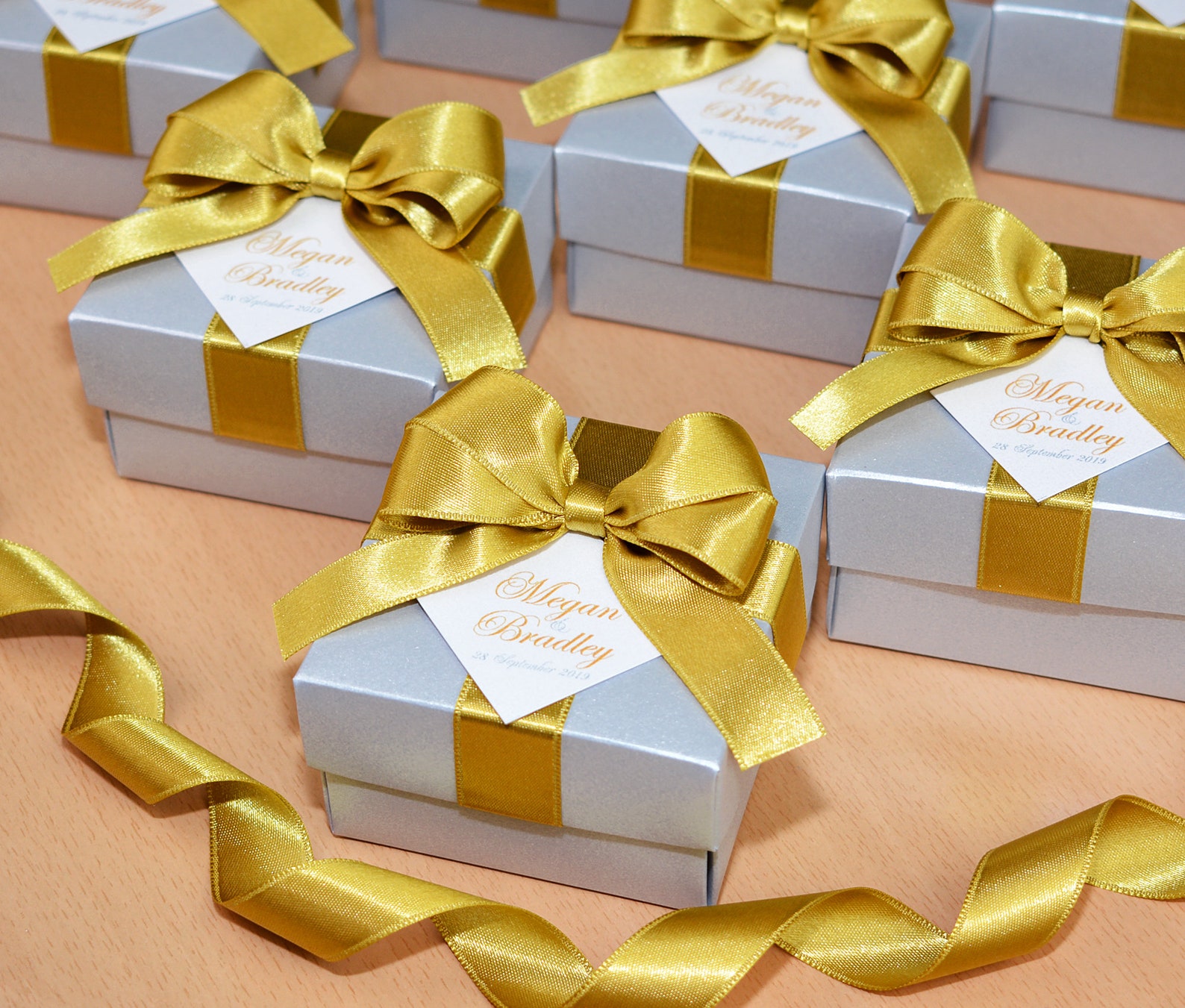 Silver & Gold Wedding Favor Boxes With Satin Ribbon Bow and Your Names ...