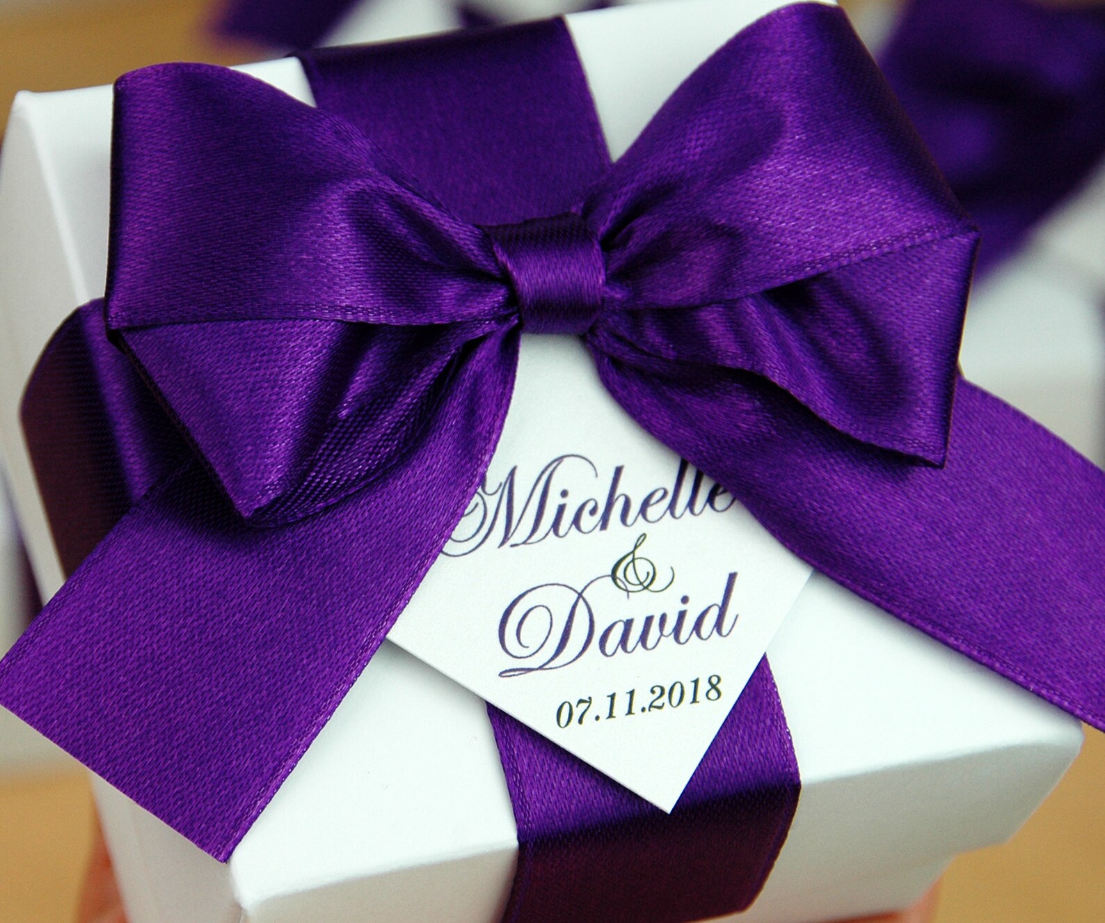 Purple Wedding Favor, Personalized Boxes With Satin Ribbon, Bow and ...