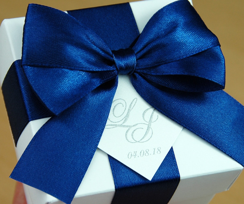 Wedding Monogram Personalized Wedding Favor Boxes With Navy Blue Satin ...