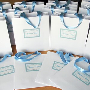 Personalized Paper Bag With Satin Ribbon and Tag White and Light Blue ...