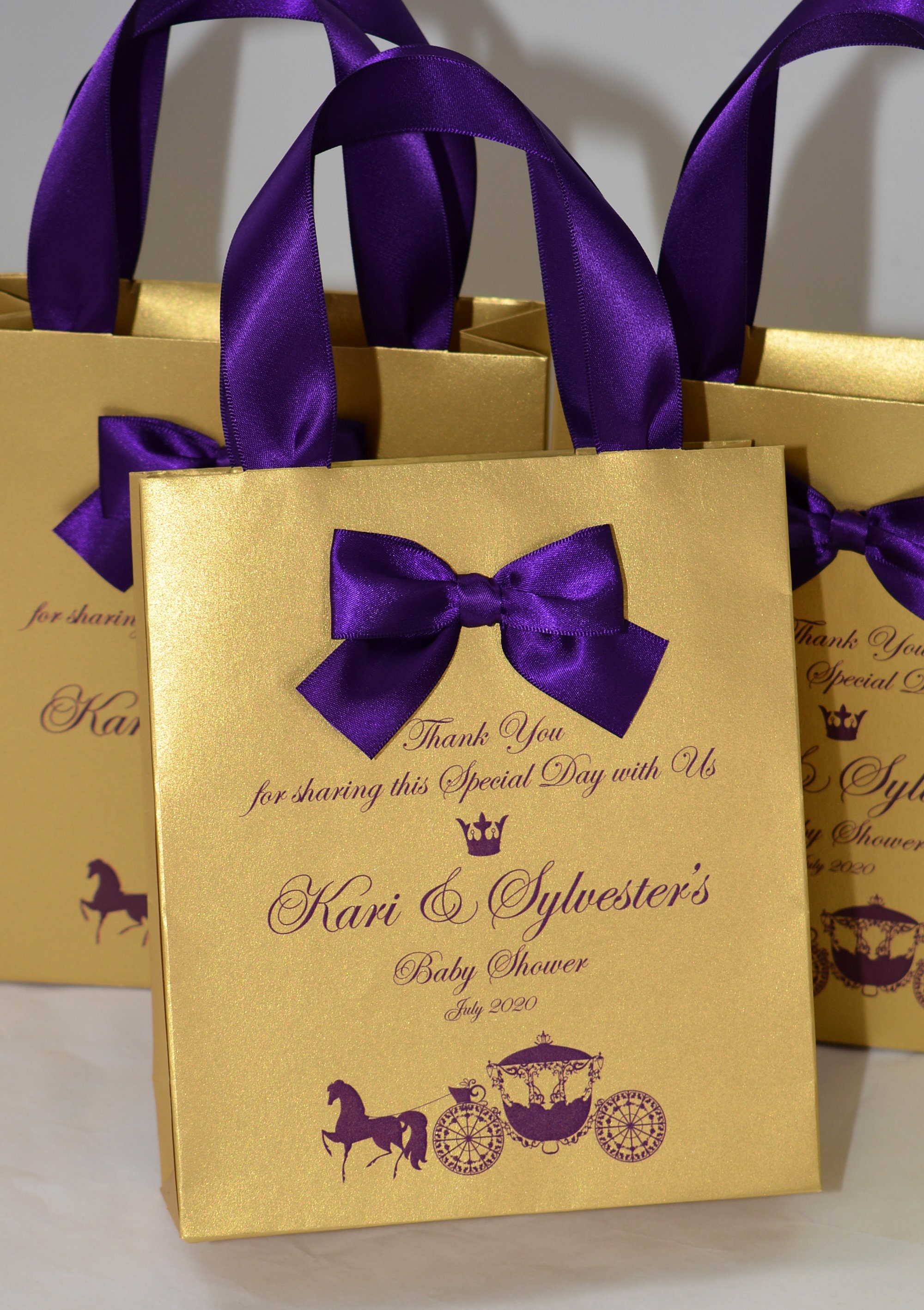 10 Baby Shower Bags With Satin Ribbon Handles, Bow and Name, Elegant ...