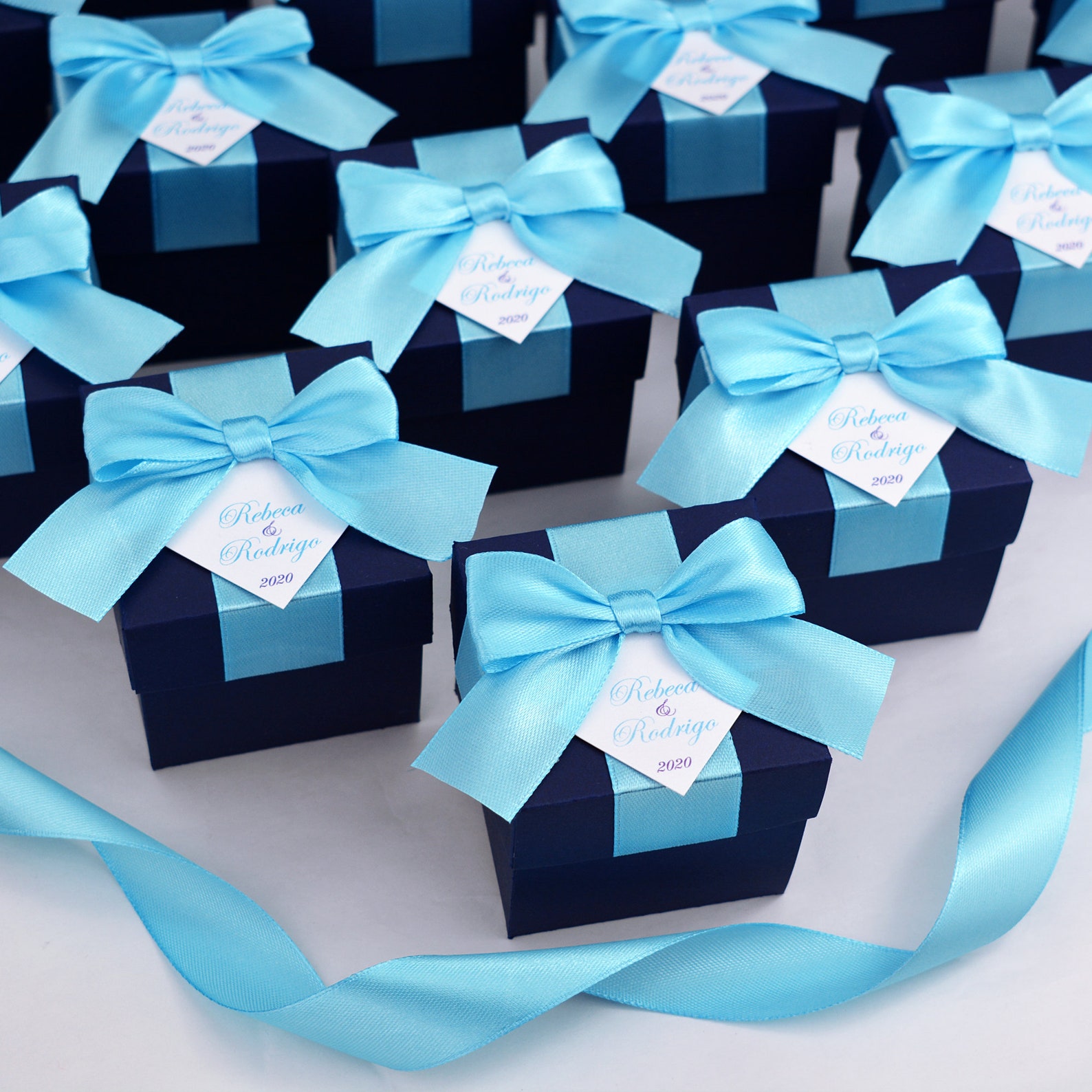 Navy Blue Wedding Favor Boxes With Satin Ribbon Bow and Your Names ...