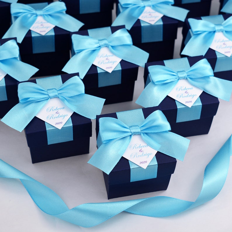 Navy Blue Wedding Favor Boxes With Satin Ribbon Bow and Your - Etsy Norway