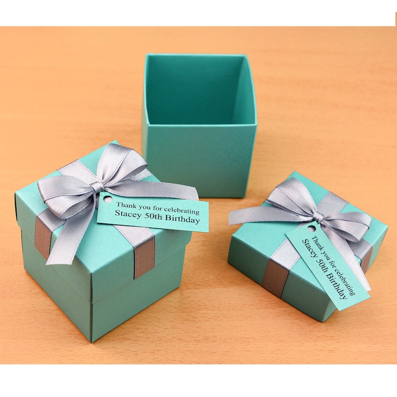 Favor Boxes With Satin Silver Ribbon Bow and Your Name, Elegant Personalized Mint Birthday ...