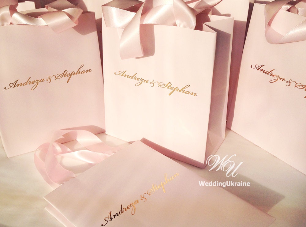 50 Baby Pink Welcome Bags with satin ribbon and Golden foil | Etsy