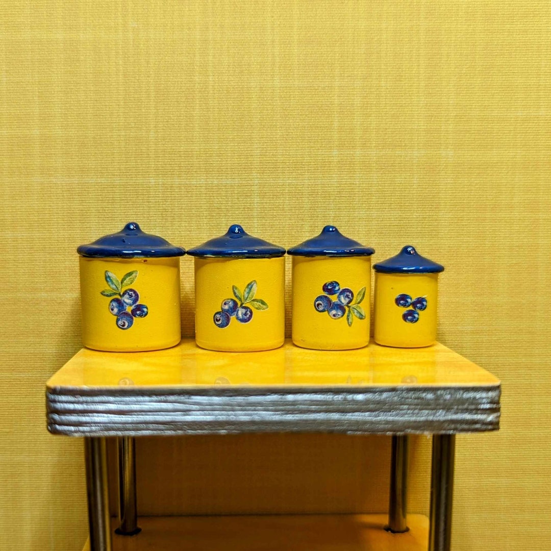 Blueberry & Yellow Canisters 1:12 Dollhouse Miniature Mid Century Retro ...
