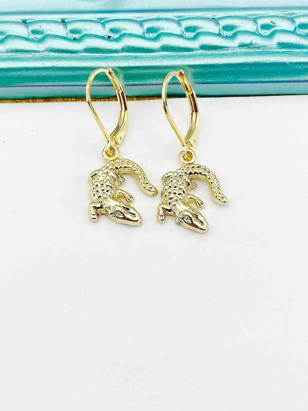Gold Crocodile Earrings, Alligator Earrings, Hypoallergenic, Dangle ...