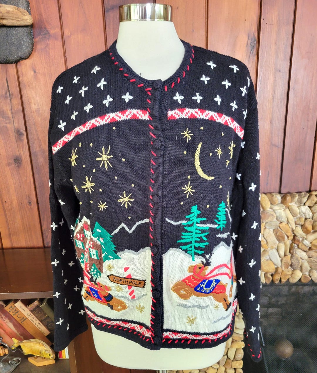 Reindeer and Gingerbread House Cardigan Sweater by Designers Originals ...