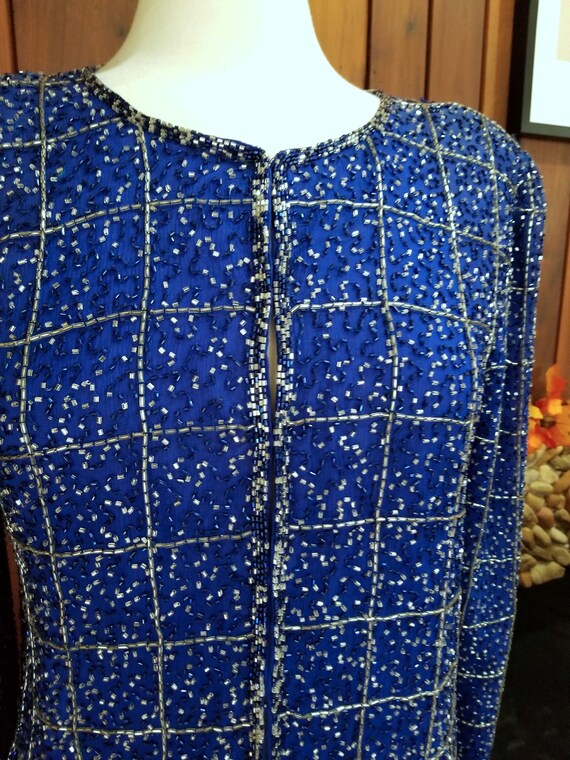 Heavy Blue and Silver Fully-Beaded Grid Pattern Jacke… - Gem
