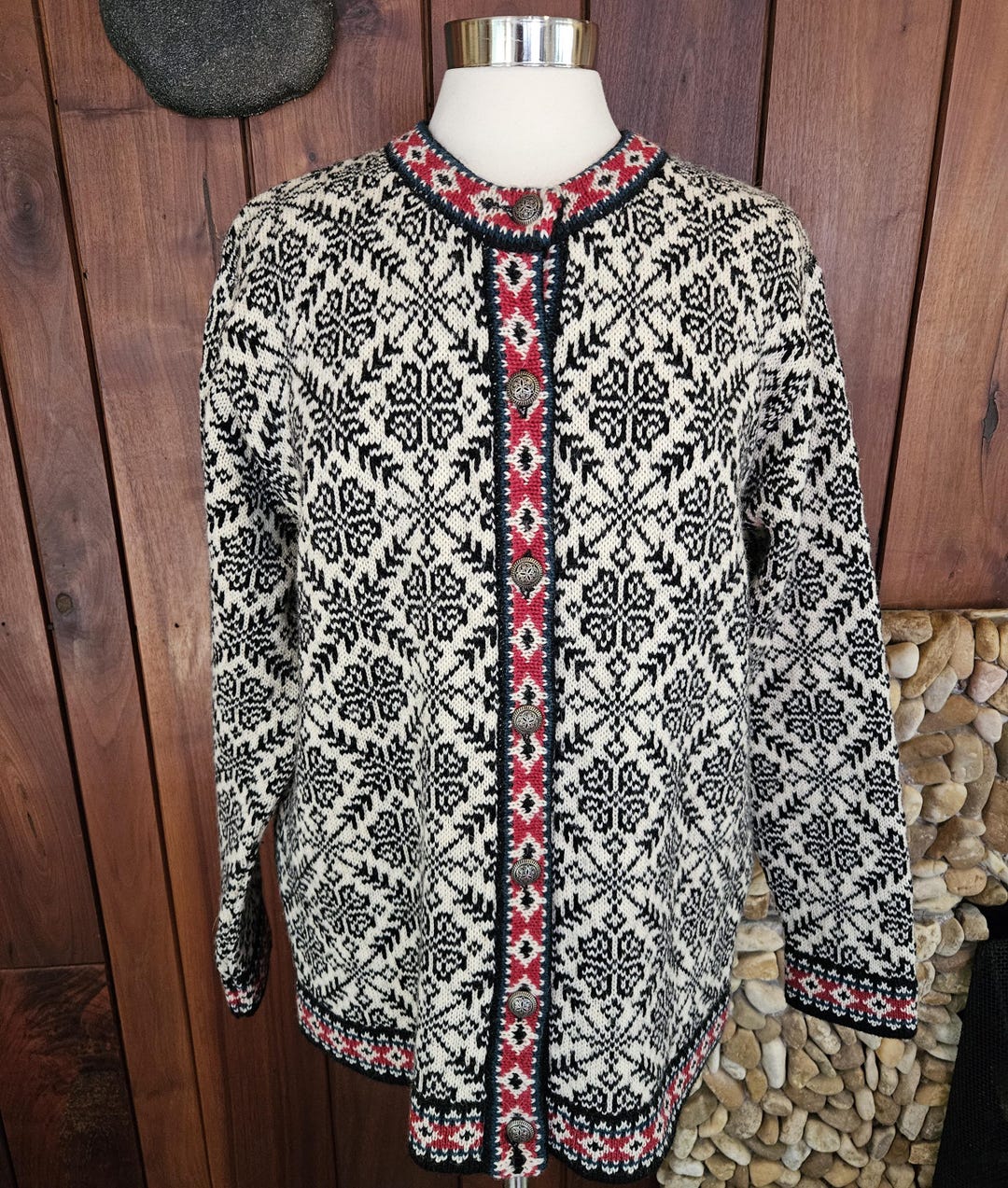 Black and White Nordic Fair Isle Wool Jacket With Metal Buttons by L.L ...