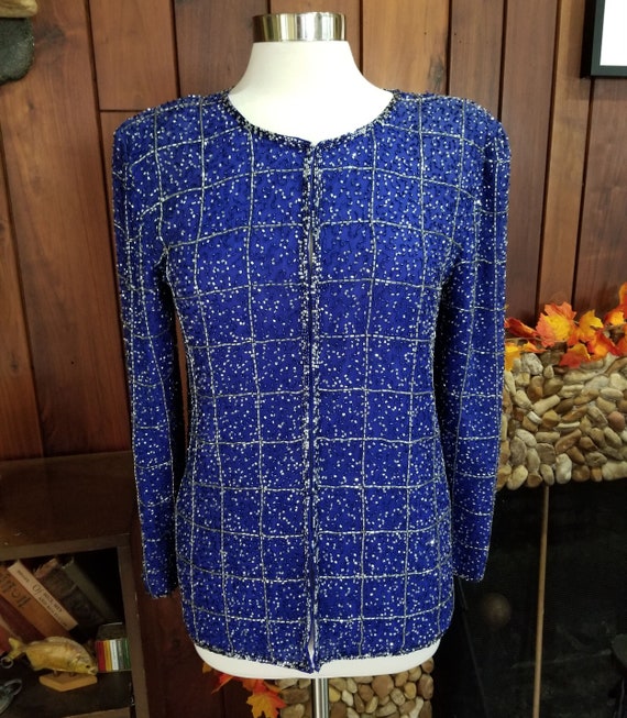 Heavy Blue and Silver Fully-Beaded Grid Pattern Jacke… - Gem