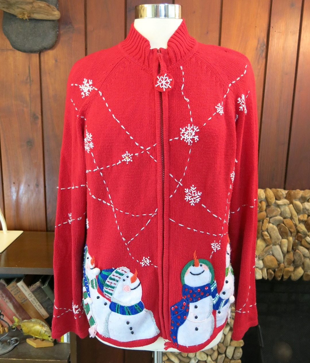 Red Zip Christmas Sweater With 4 Snowmen Watching Shooting Snowflakes ...