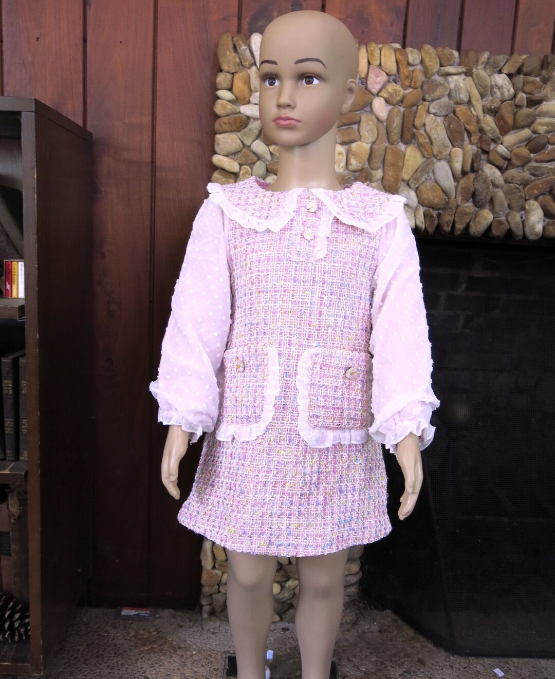 Light Pink Frilly Tweed Girls' Dress With Collar and Polka Dot Sleeves ...