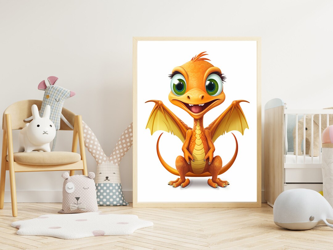 Dinosaur Orange Pterodactyl Nursery Art, Cartoon Style Art, Digital ...