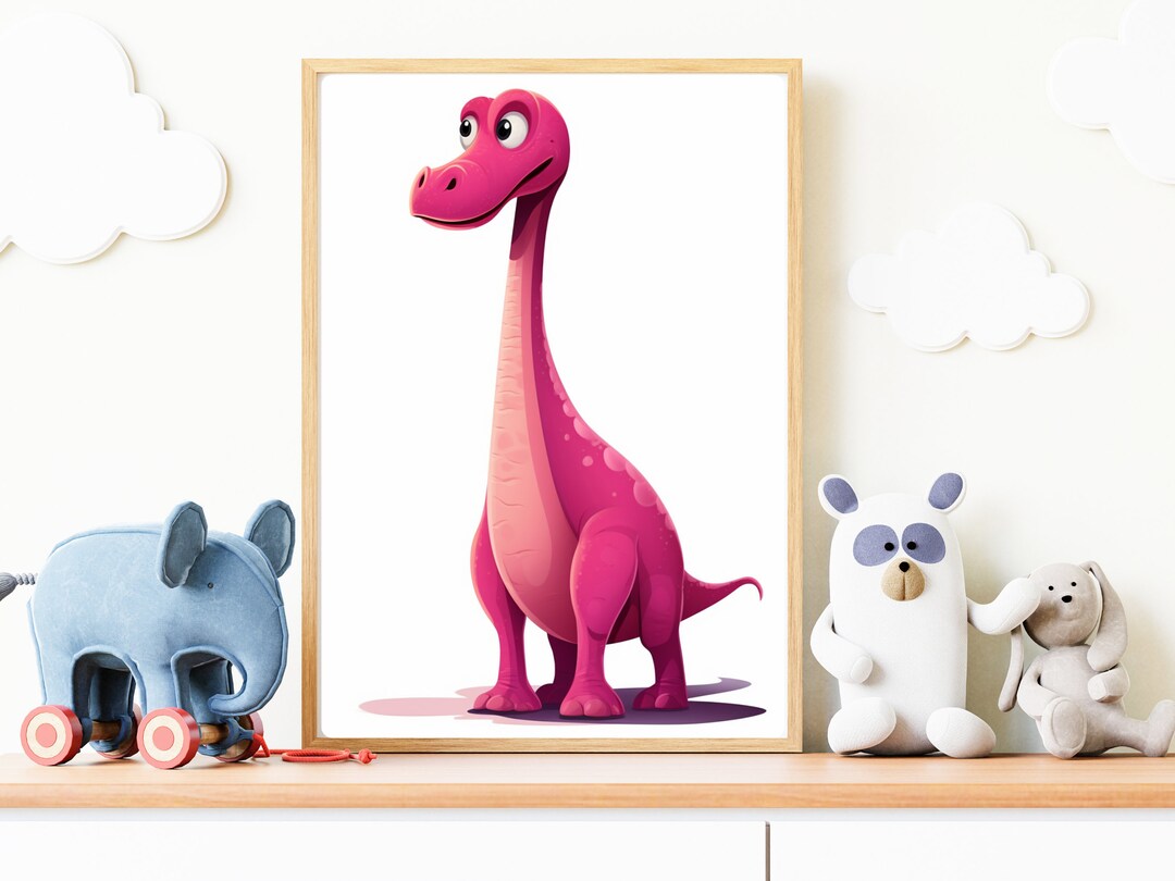 Dinosaur Pink Brachiosaurus Nursery Art, Cartoon Style Art, Digital ...