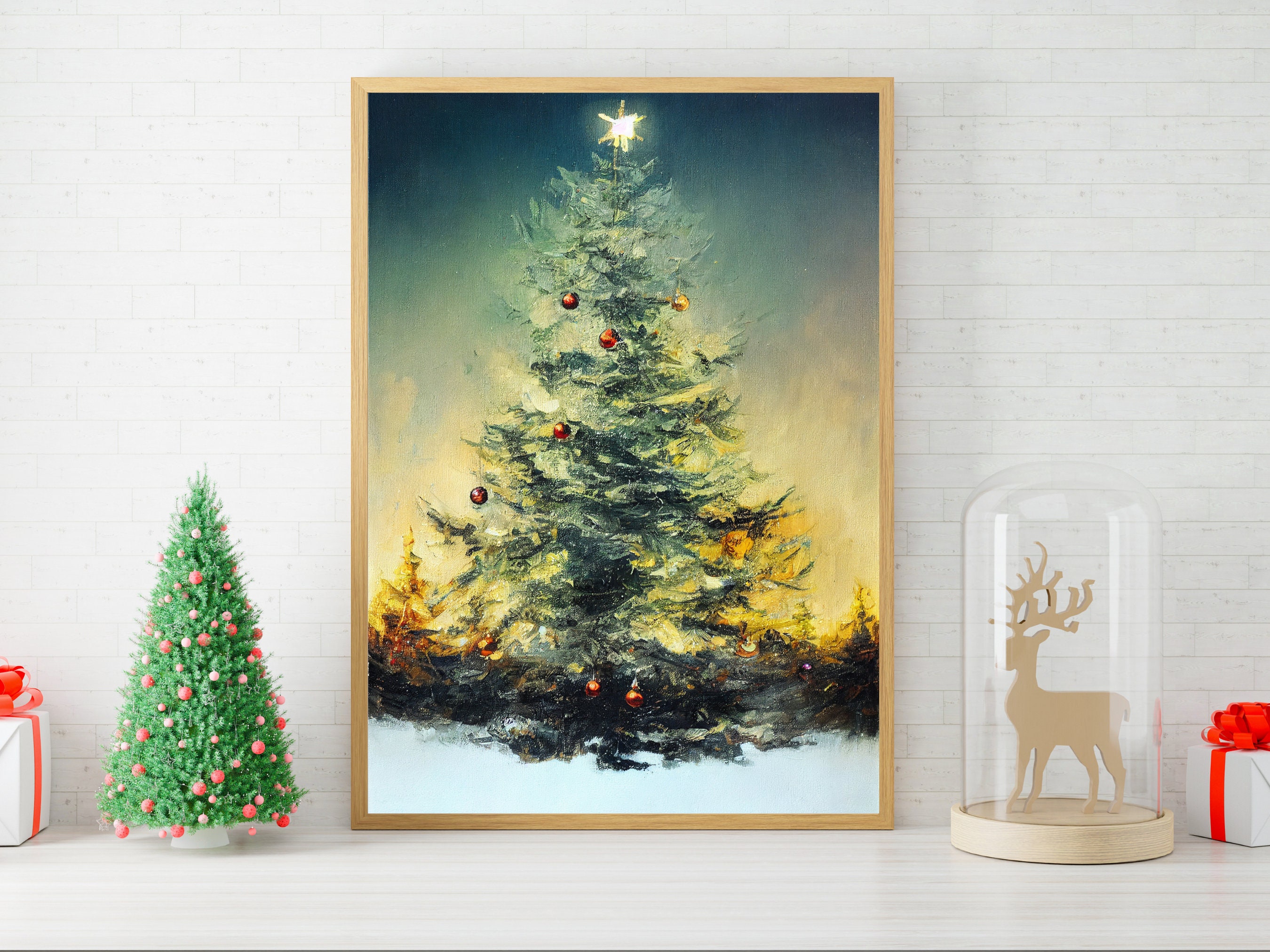 Vintage Christmas Tree Art Print, Brush Stroke Christmas Art, Digital ...