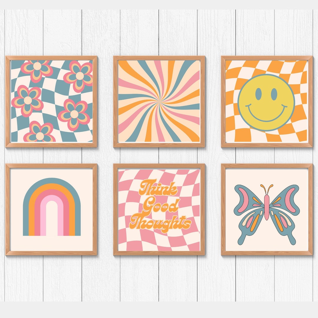 Retro Wall Art, Bright Color Retro Prints, Flower Digital Art, Girl ...