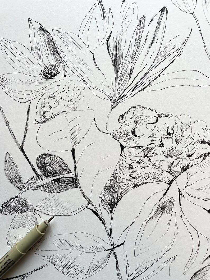 Ink Drawing Original Drawing Botanical Art Flower - Etsy