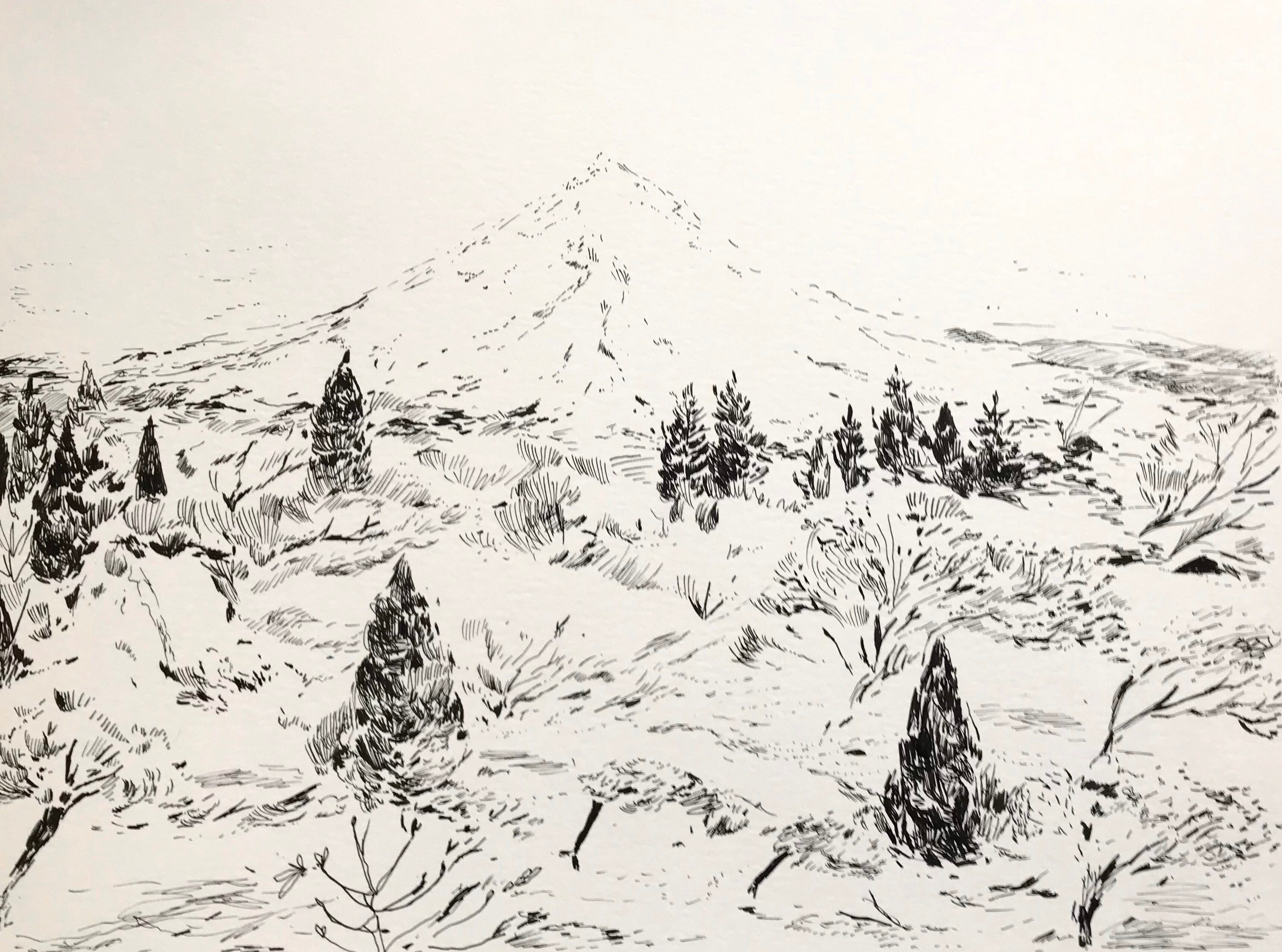 Mount Hood Drawing - Ink Landscape Drawing - Original Drawing - Plein ...