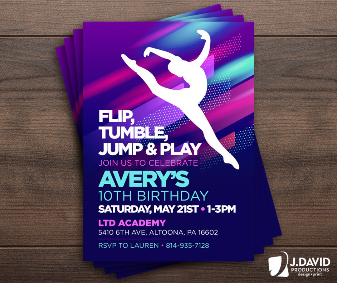 Gymnastics Birthday, Flip, Tumble, Jump and Play, Party Invitation ...