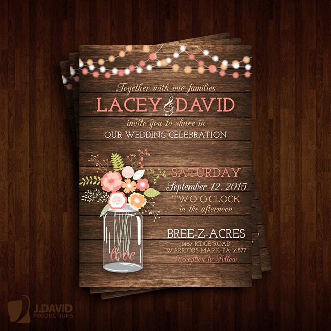 Country, Rustic Wedding Invitations With Mason Jar, Flowers and Lights ...