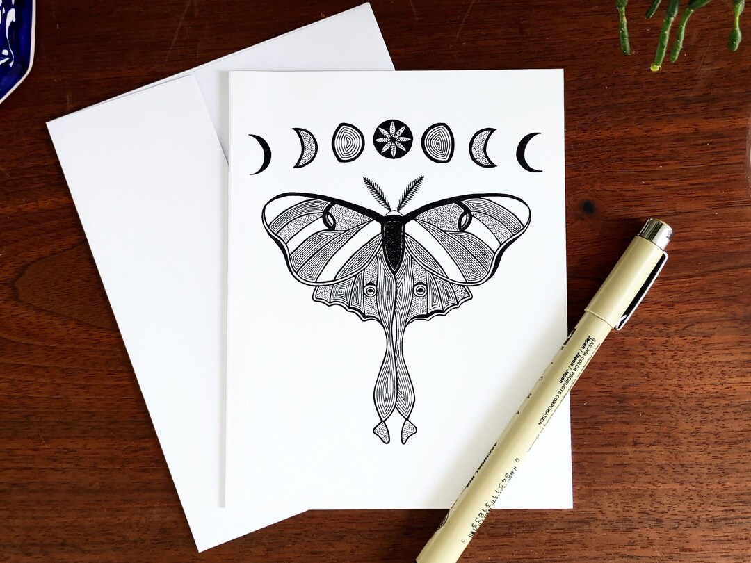 Pen and Ink / Black and White / Zentangle / Luna Moth Blank Card - Etsy
