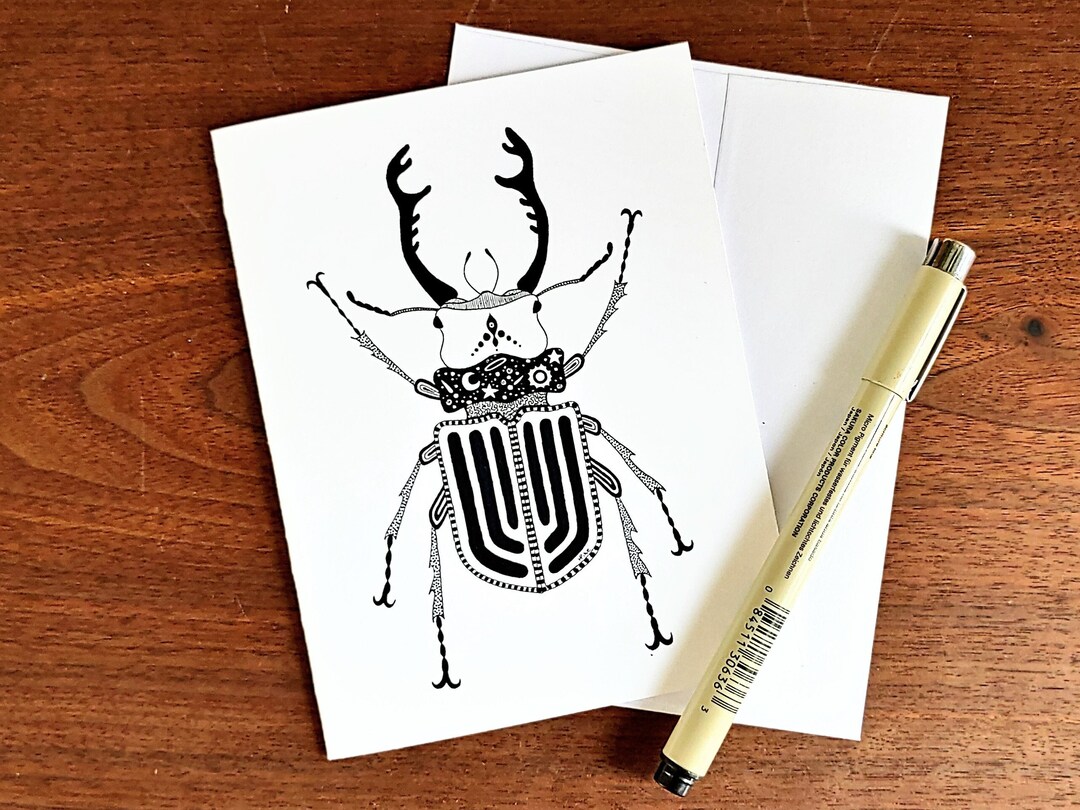 Stag Beetle Card, Pen and Ink, Zentangle Card, Black and White Card ...