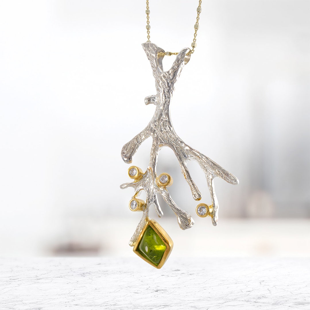 Artisan Silver Tree Branch Necklace - Peridot & White Zircon Nature ...