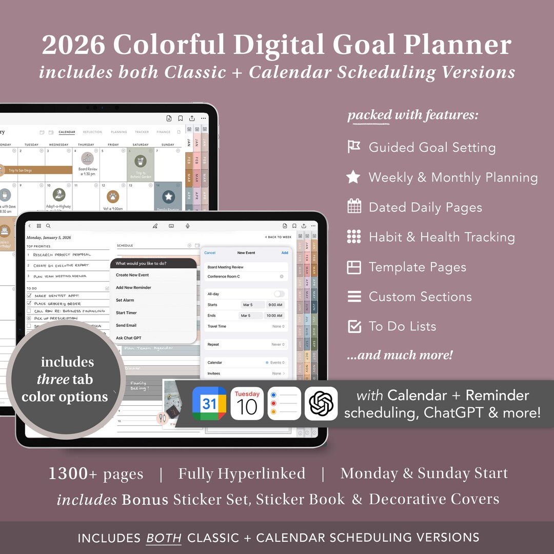 Ultimate 2026 Digital Planner With Colored Tabs - Goodnotes Planner ...