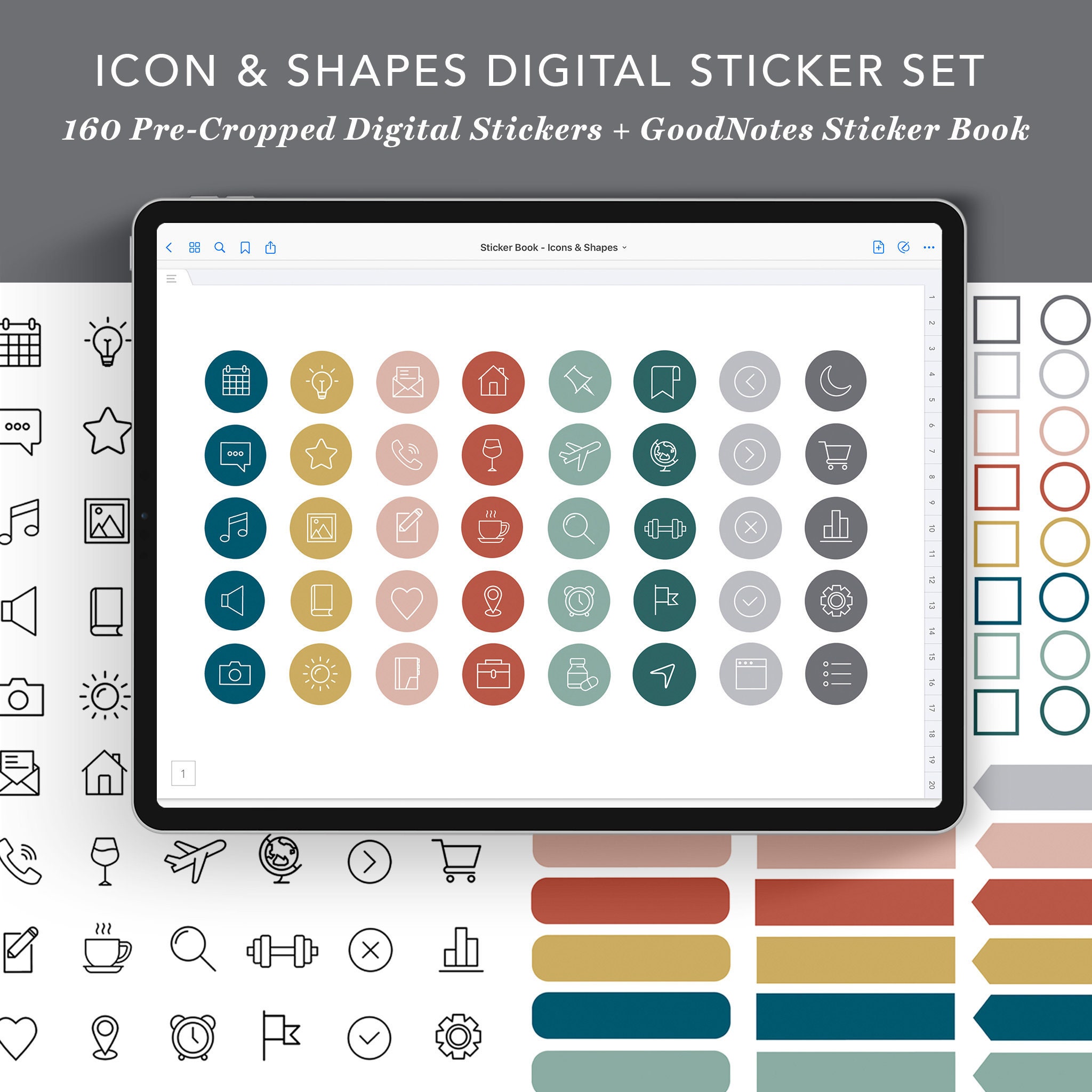 Digital Planning Sticker Set With Digital Sticker Book - Icons & Shapes ...