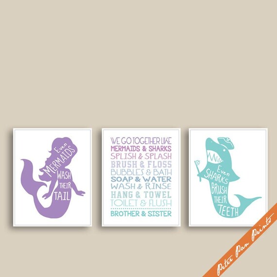 Mermaid and Shark Nautical Bath Quotes series C Ombre Set of | Etsy
