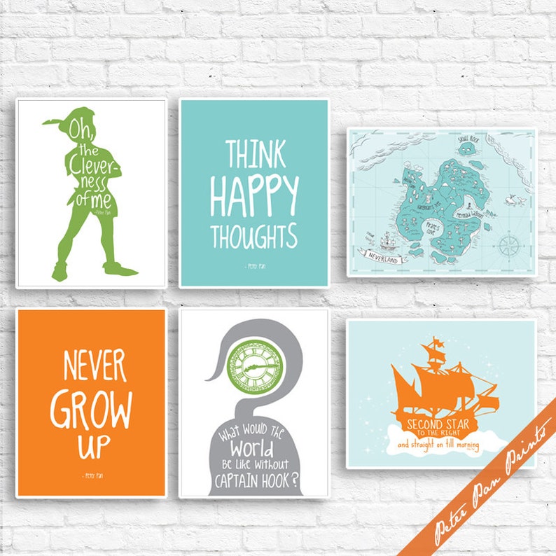 Peter Pan Neverland Quotes and Map A Set of 6 Art Print | Etsy