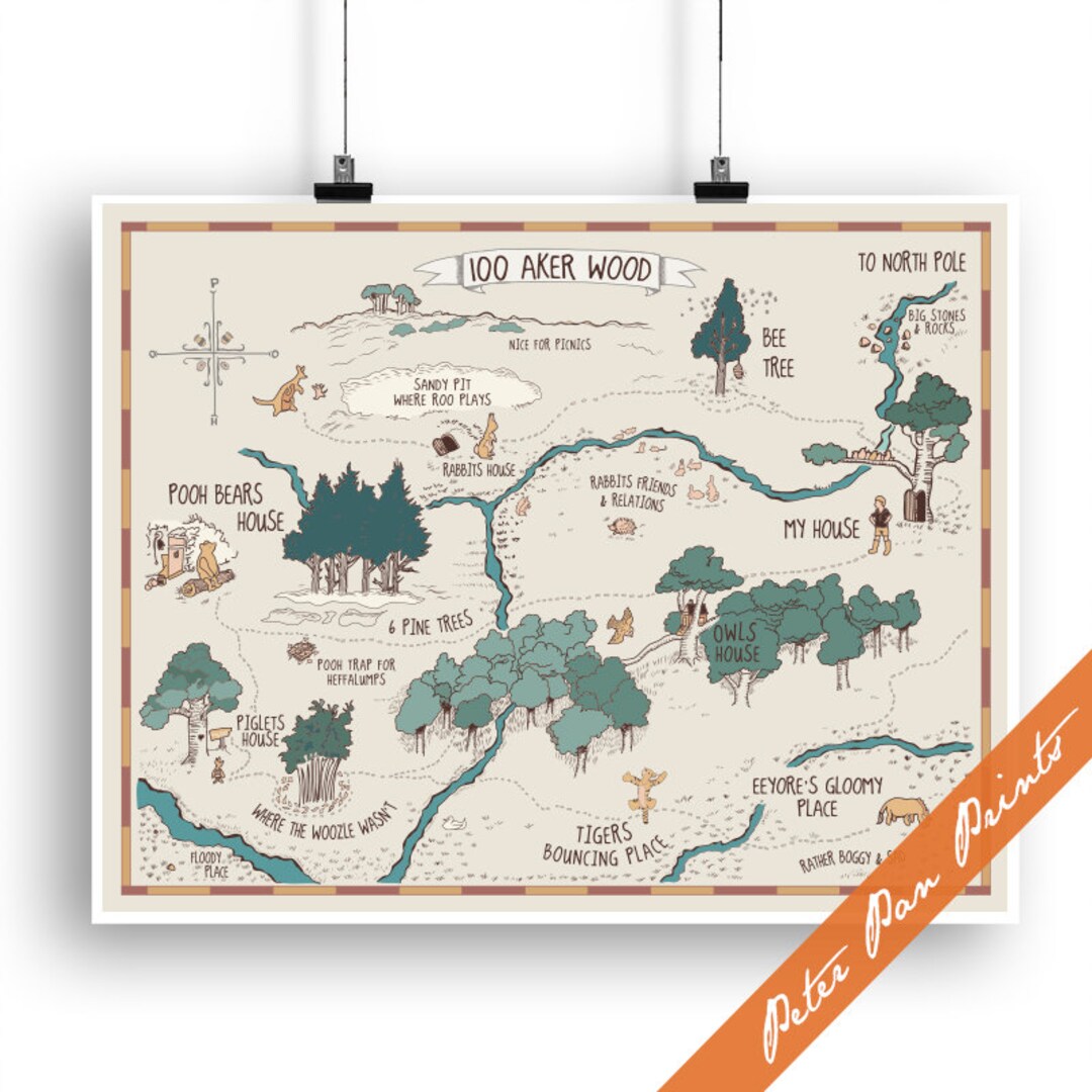 Winnie the Pooh Map 100 Aker Wood Unframed Poster Kids Art Posters and ...
