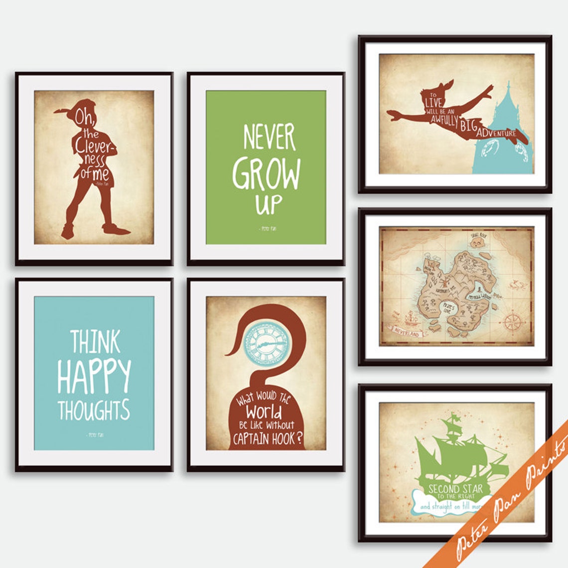 Peter Pan Neverland Quotes and Map D Set of 7 Art Prints - Etsy