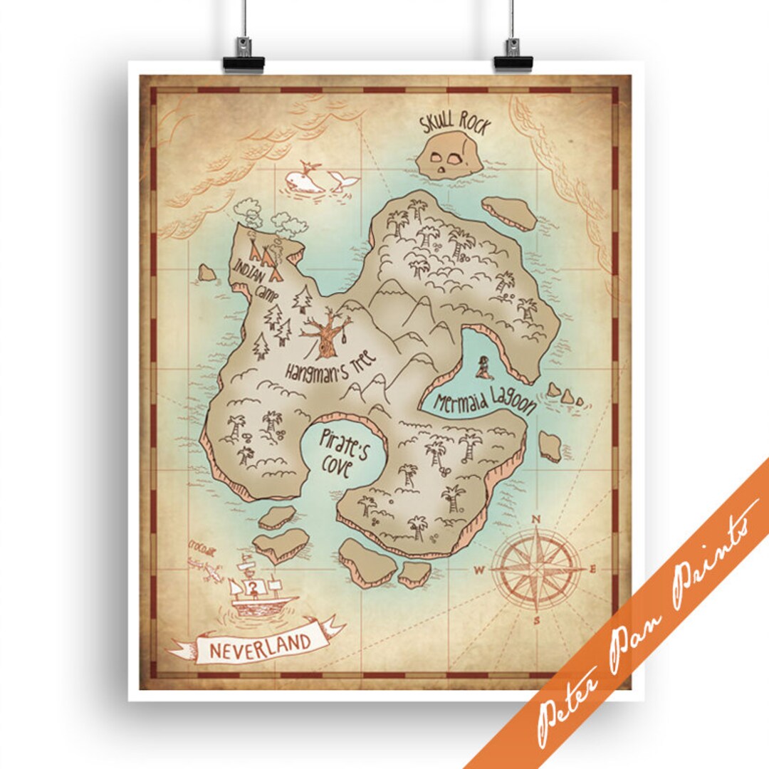 Adventure Nursery Wall Art Neverland Treasure Map Poster Peter Pan ...