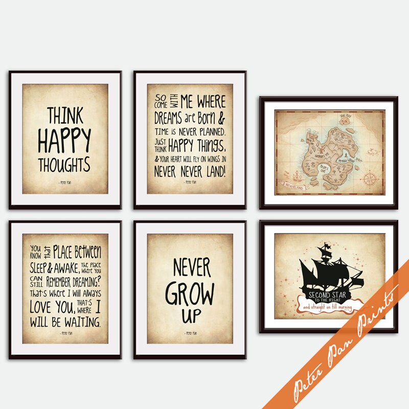 Peter Pan Neverland Quotes and Map B Set of 6 Art Print - Etsy UK