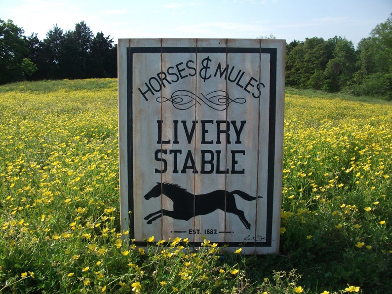 Livery Stable Horse Painting: Rustic Barn Advertisement Canvas Art ...