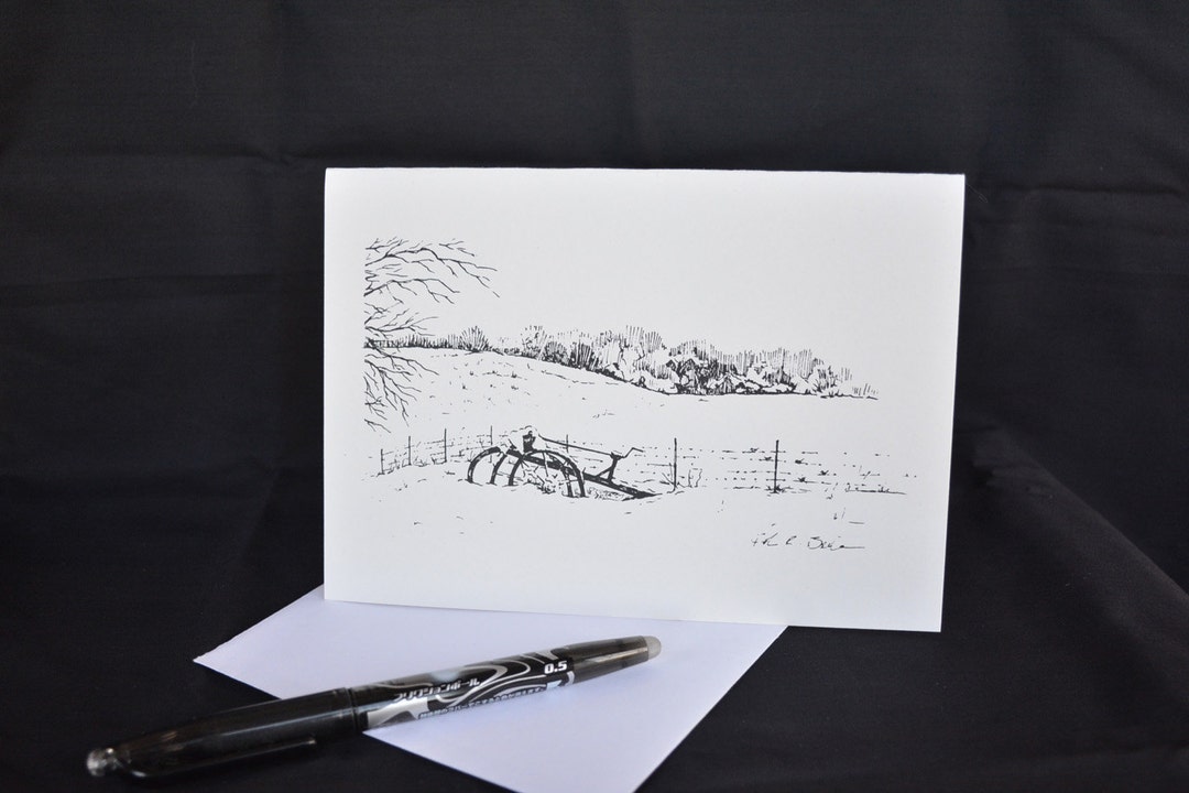Winter Farm Scene Note Card: Pen and Ink Holiday Card - Etsy