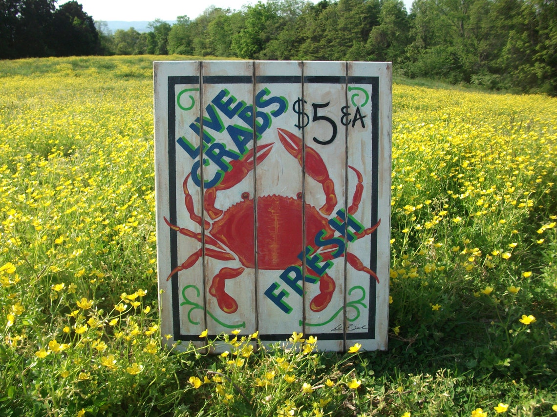Crab Sign, Crab Painting, Live Crabs Beach Sign, Festive Home and Beach ...