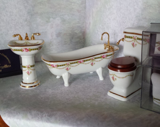 Miniature Bathroom Set Reutter Porzellan Victorian Rose Design Sink/tub ...