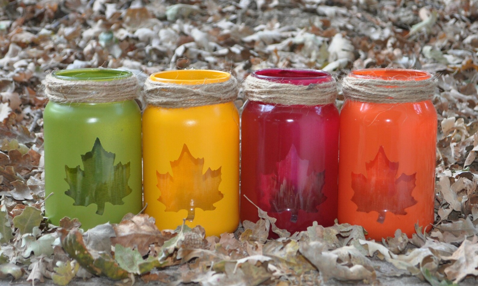 Set of 4 Leaf Mason Jars Painted Leaf Jars Autumn Leaves Jarsmason Jar ...