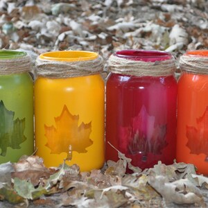 Set of 4 Leaf Mason Jars Painted Leaf Jars Autumn Leaves Jarsmason Jar ...