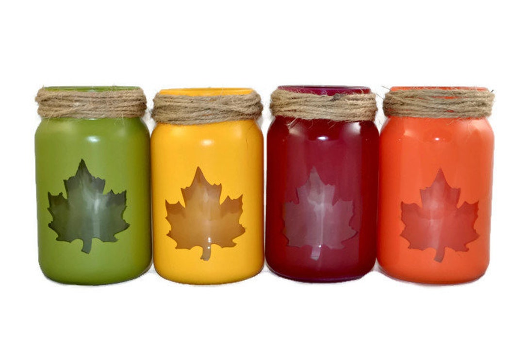Set of 4 Leaf Mason Jars Painted Leaf Jars Autumn Leaves Jarsmason Jar ...