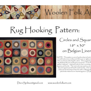 CIRCLES IN SQUARES Rug Pattern for Hooking and Punch Needle. 18" X 30 ...