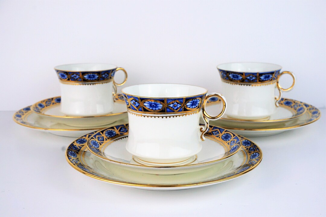 Antique Fenton Bone China Trio: Blue & Gold Cup, Saucer, and Plate ...