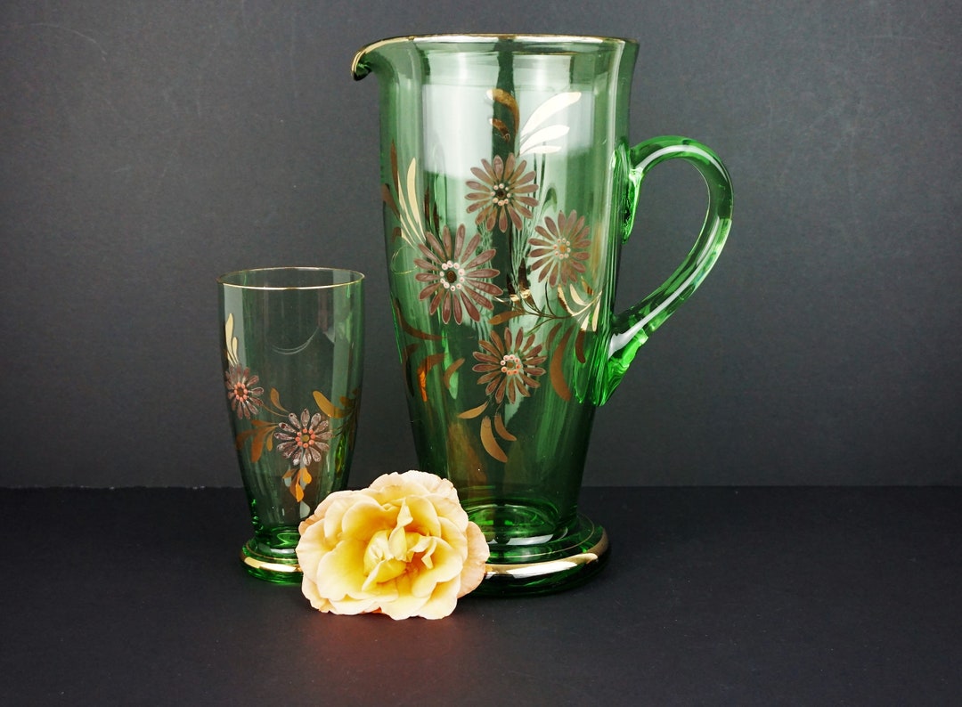Super Tall Vintage Green Glass Juice Jug & Matching Glass Set // 1950s ...