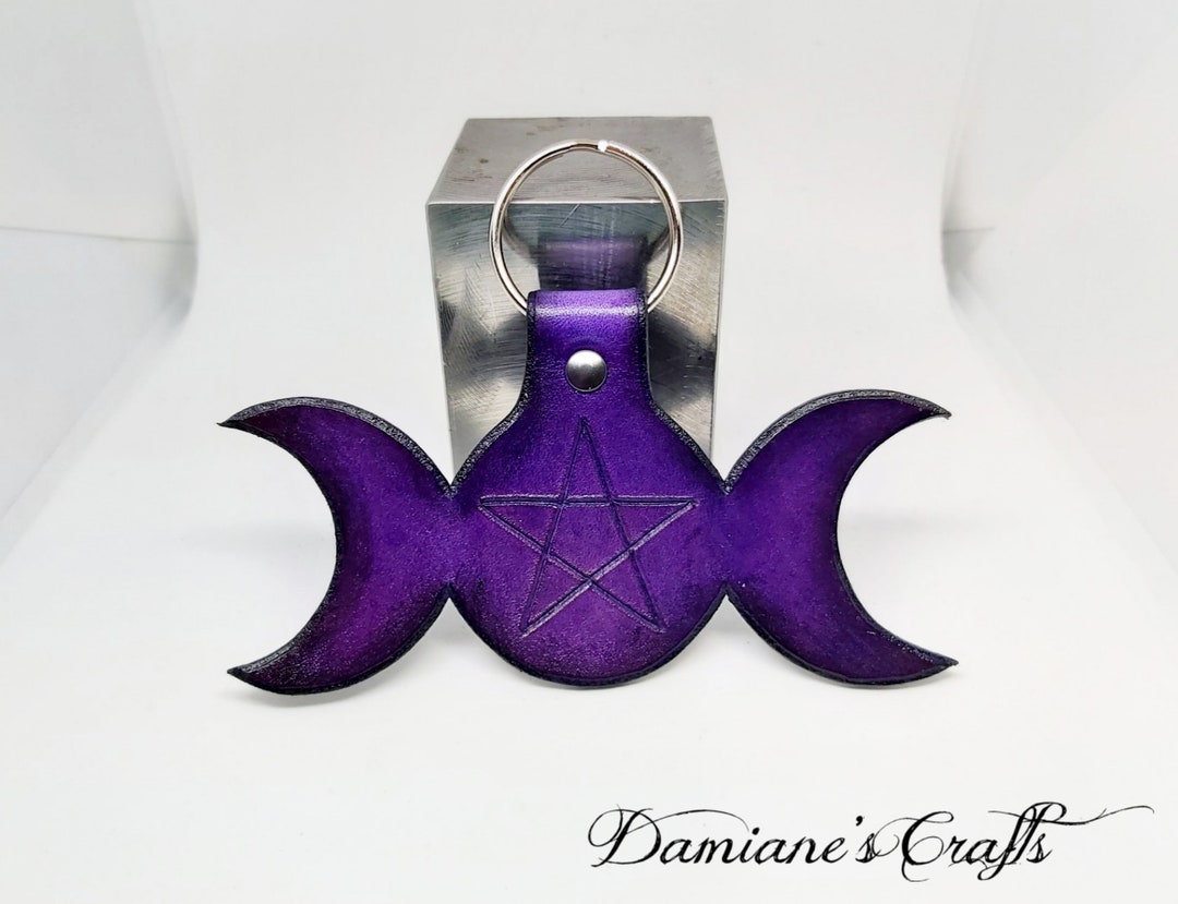 Engraved Leather Key Ring, Pentagram, Triple Moons, Fertility Goddess ...