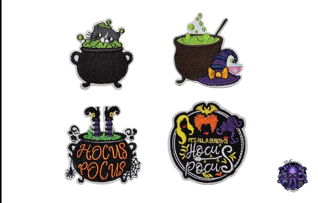 Embroidered Fabric Patch, Halloween, Cat, Cauldron, Hat, Witch, Hocus Pocus, Gothic, Iron ...