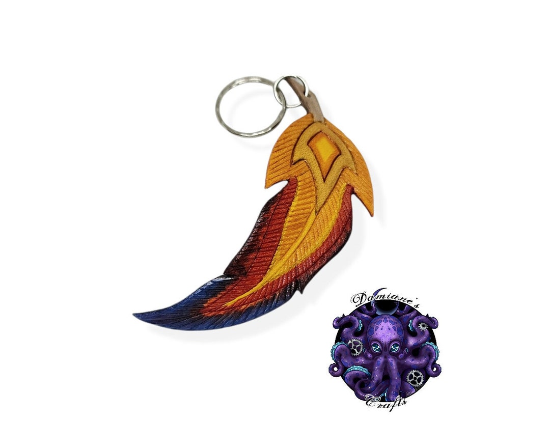 Brave Phoenix Xayah, Keychain, Genuine Leather, Engraved, Feather ...