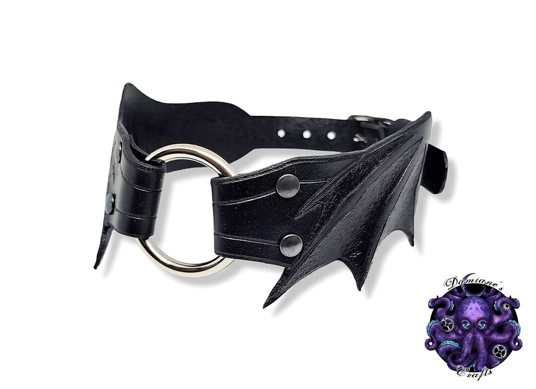 Choker, Bat Wings, in Real Leather, With Ring, Real Leather, Bat Wings ...